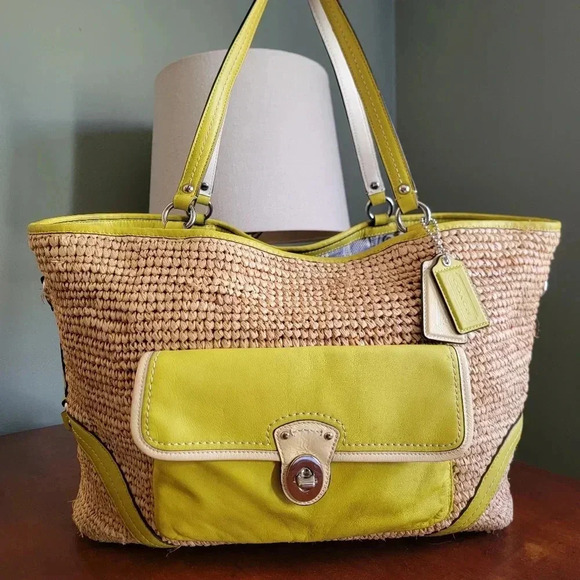 Coach | Bags | Coach Woven Raffia Shopper Tote With Lime Green Leather ...